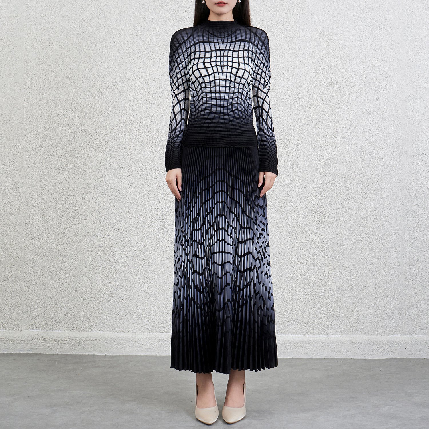 Japanese Style Pleated Two-Piece Set | Elegant Printed Top and Pleated ...